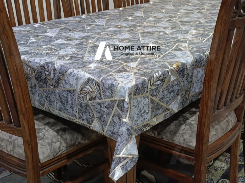 Elegant Leaf and Marble Dining Table Cover Silver Gold Highlights