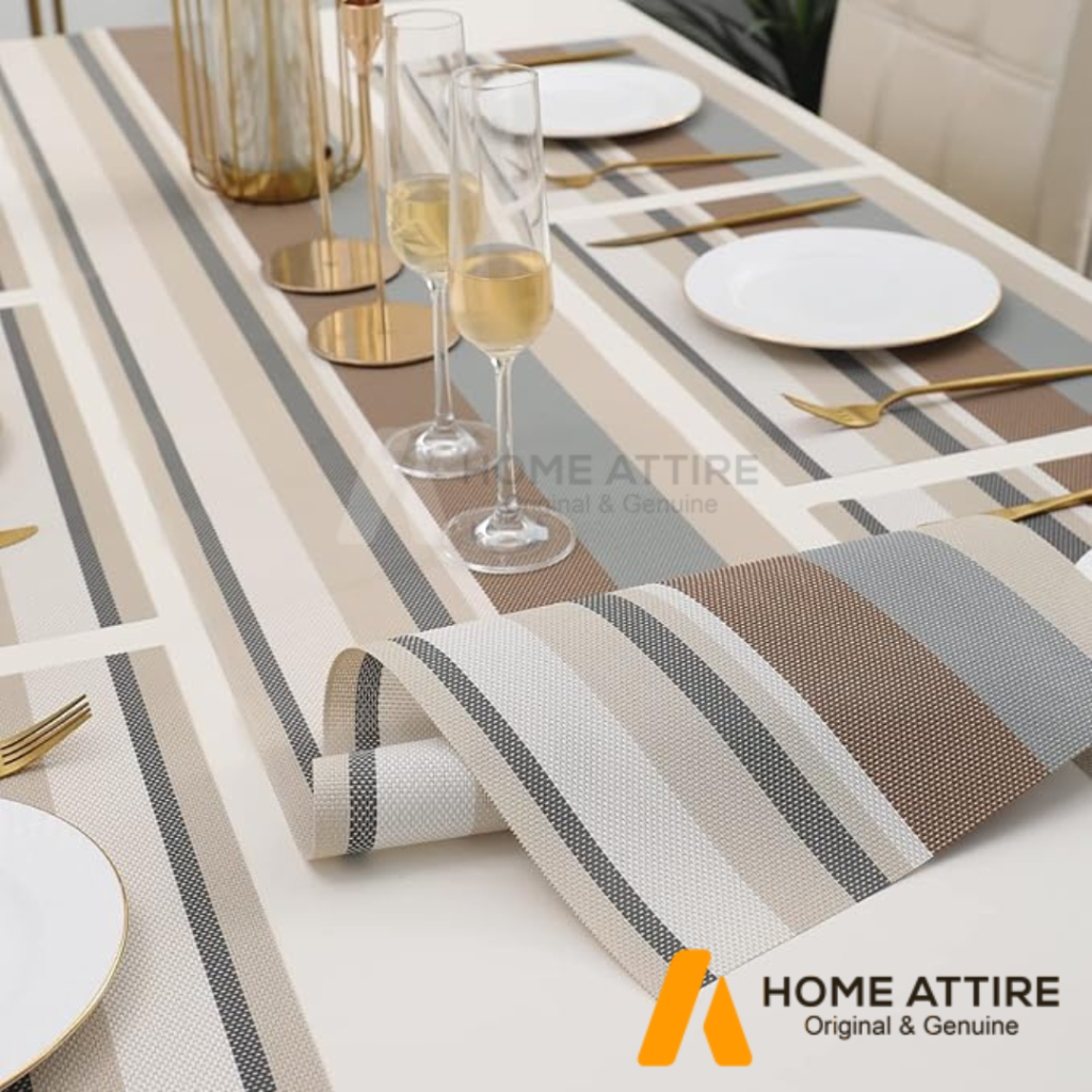 7 Pcs Elegant Striped Dining Table Mats & Runner Set - Placemats